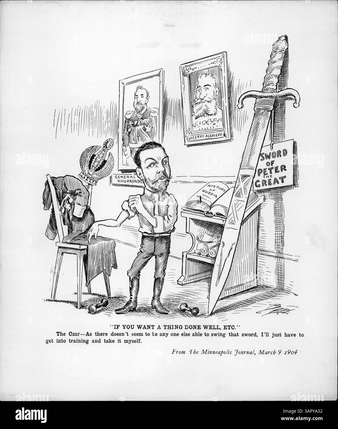 A political cartoon depicting the Russian Czar preparing to wield the ...
