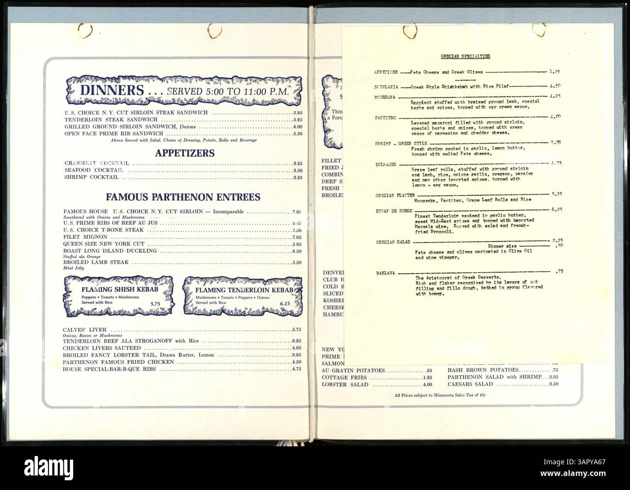 This bi-fold menu from the Parthenon restaurant features a white paper ...