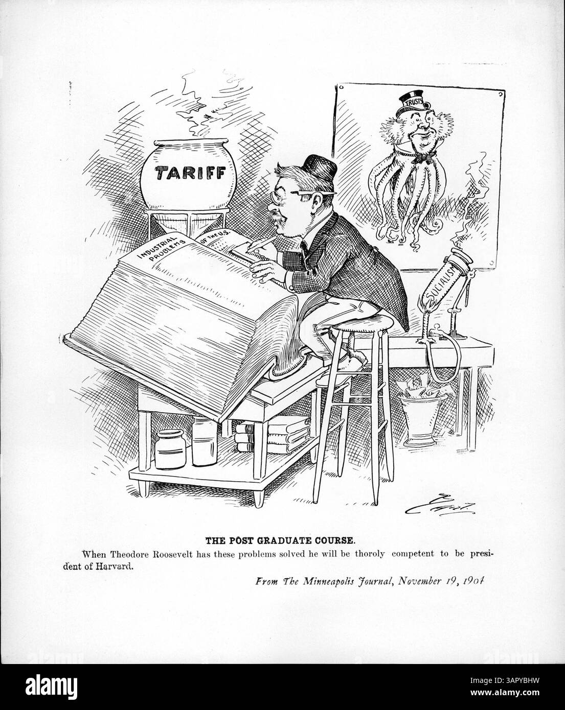 The political cartoon features Theodore Roosevelt reading about ...