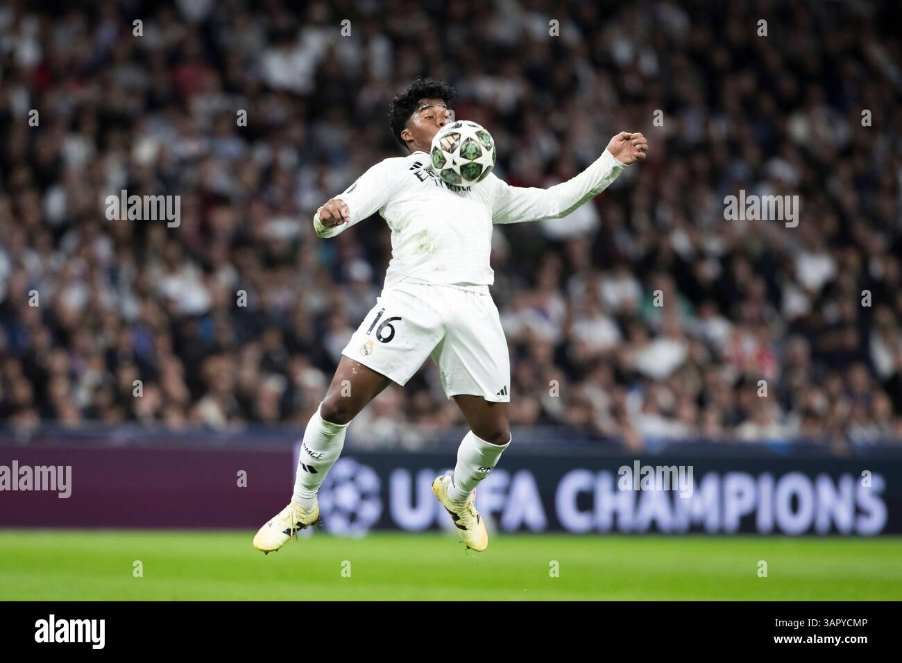 MADRID, SPAIN - April 16: Endrick of Real Madrid controls the ball ...