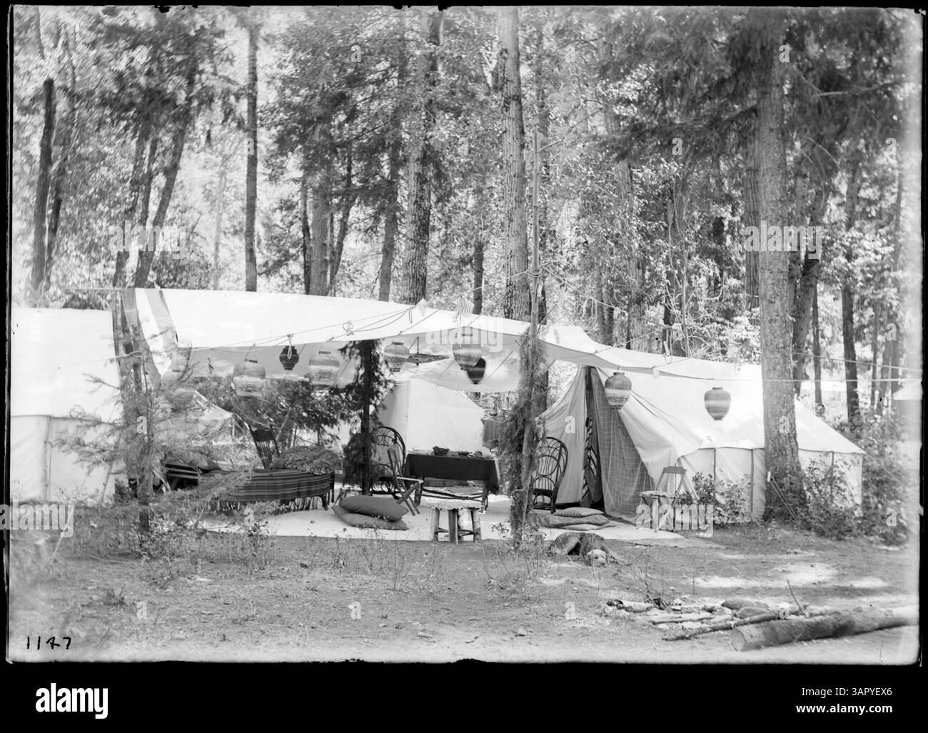 This photograph captures a camp at Bingham Springs, showing tents, a ...