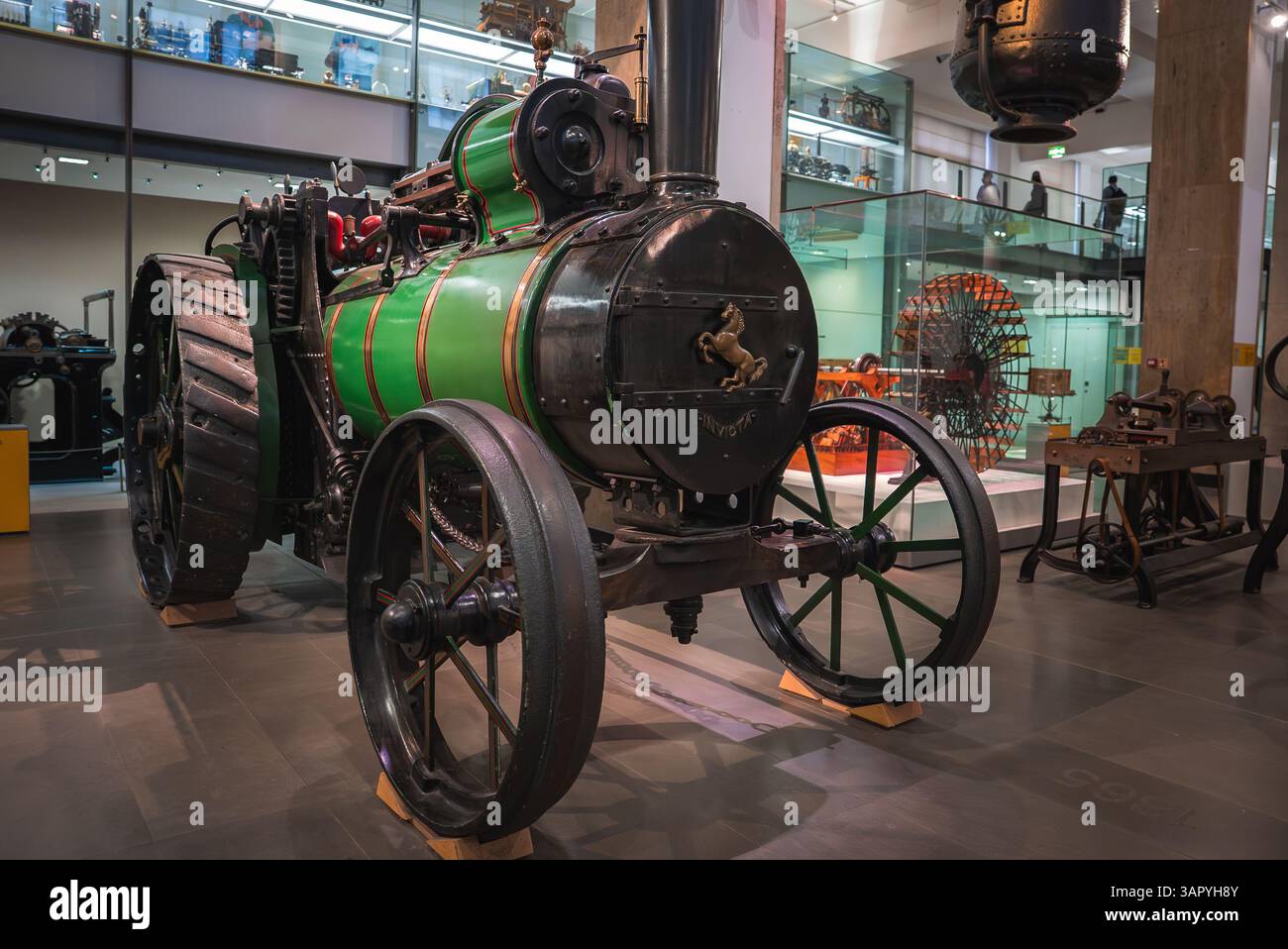 Vintage Green and Black Steam Traction Engine in Museum Setting Stock ...