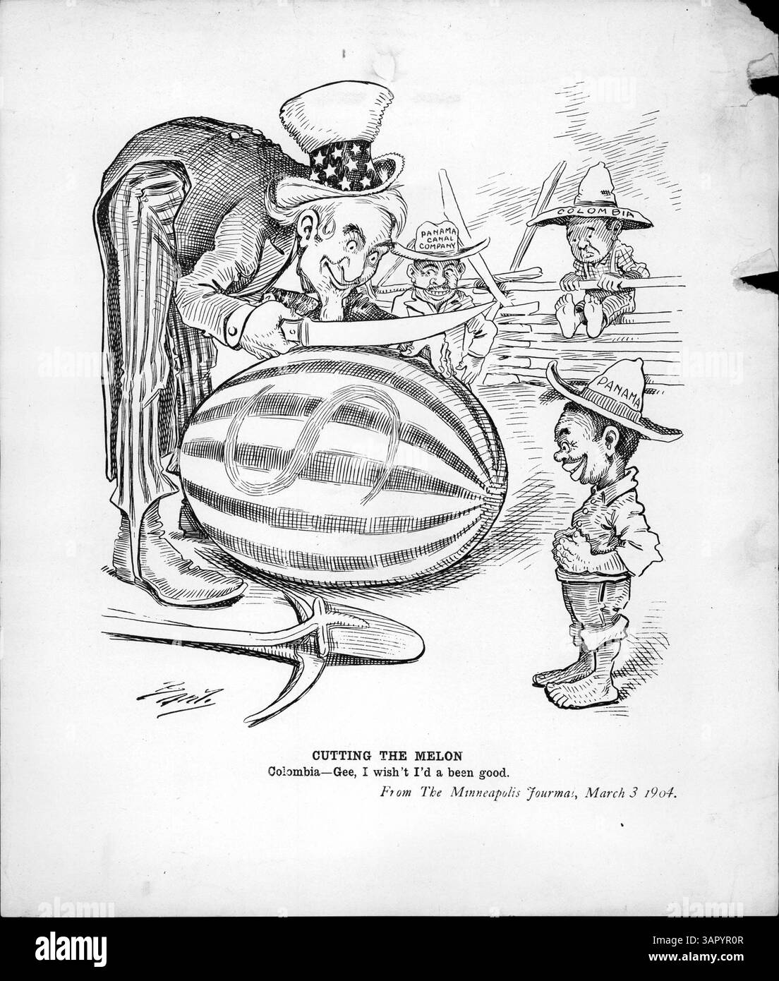 The image depicts Uncle Sam cutting open a watermelon with a dollar ...