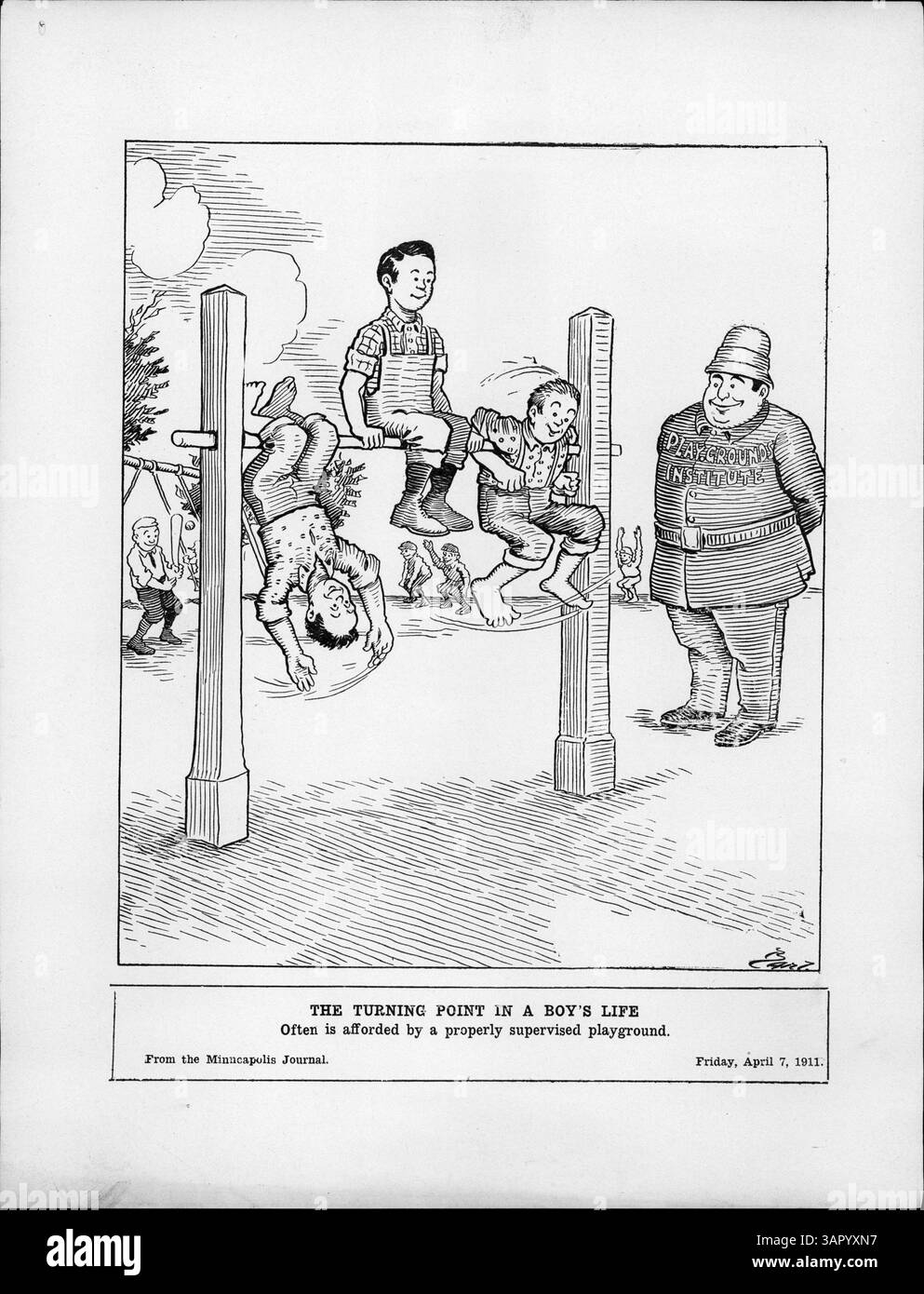 The cartoon 'The Turning Point In a Boy's Life' depicts a playground ...