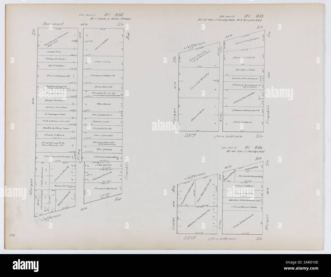 A detailed map from 1888-1892 showing city blocks 932, 933, and 934 ...