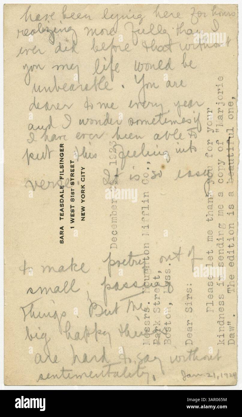 Sara Teasdale's poem, 'Dedication,' written on January 21, 1924 ...