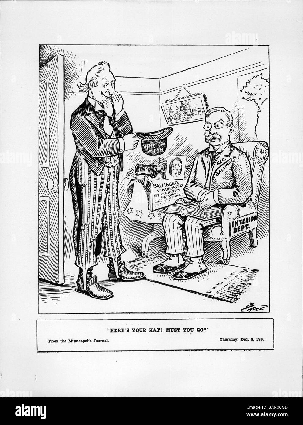 The cartoon depicts Uncle Sam handing a hat labeled 'Vindication' to ...