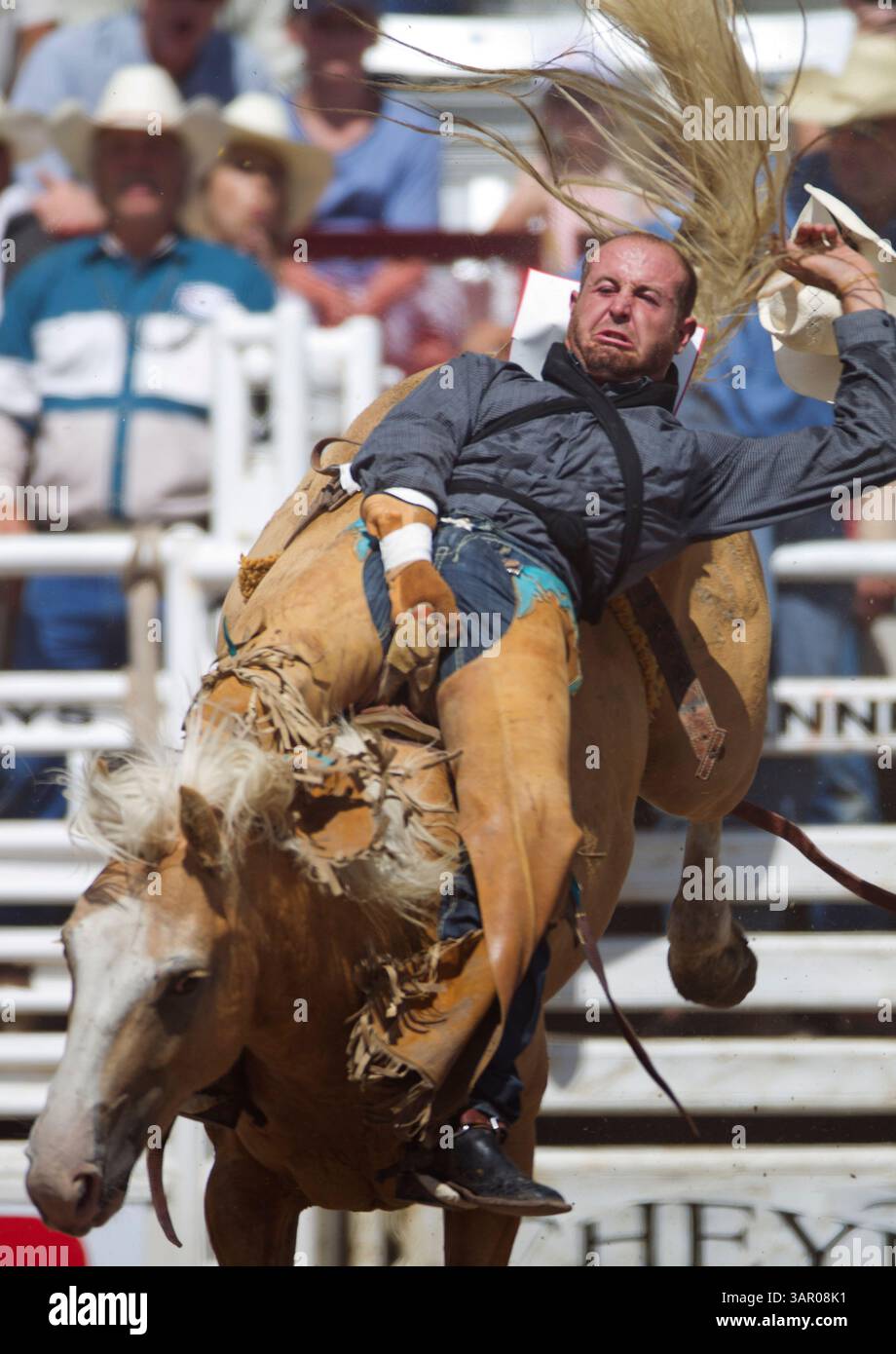 July 30, 2011: Cowboy Trey Bissett hangs on tight to Yellow Bear during ...