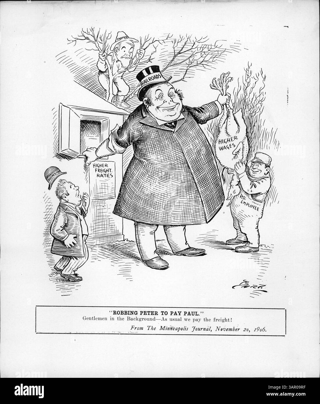 A political cartoon depicting the railroads giving the chicken of ...