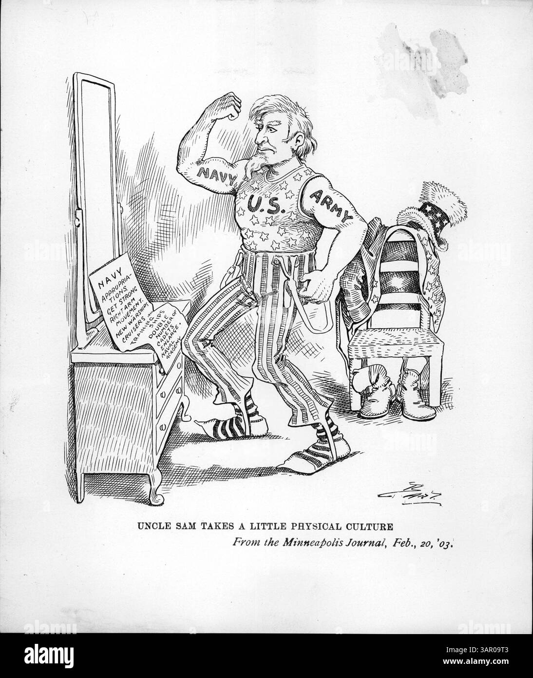A political cartoon shows Uncle Sam, with arms Navy and Army ...