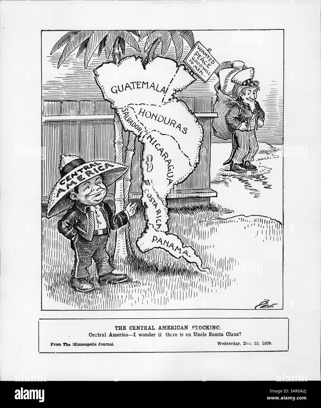 A political cartoon shows a child representing Central America standing ...