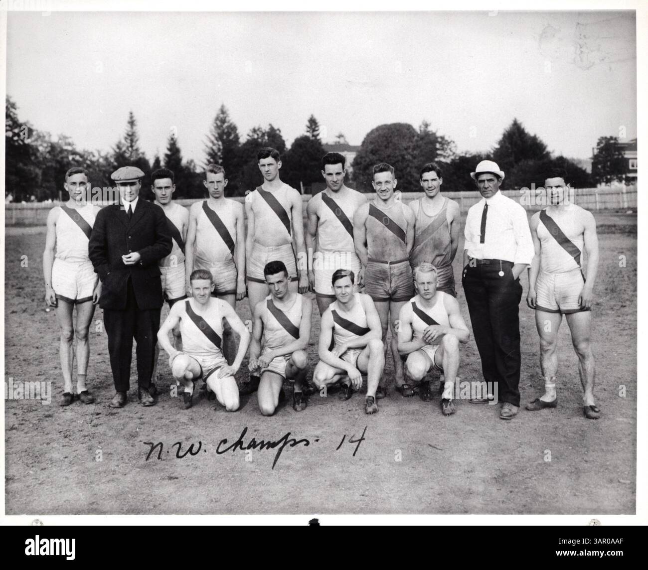 Photograph of the 1914 University of Oregon track team. The black and ...