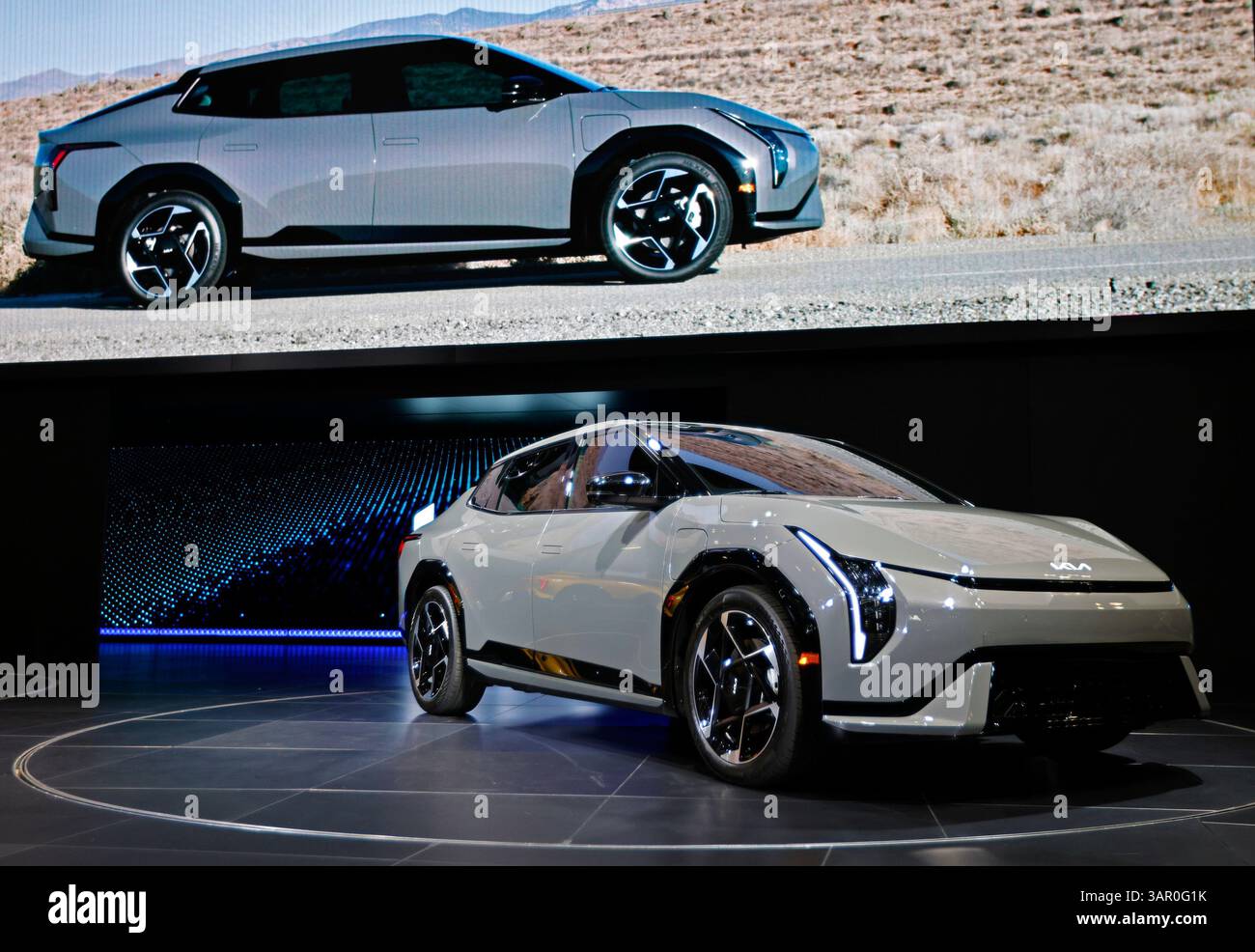 The new Kia EV4 is revealed at the Kia press conference at the New York ...