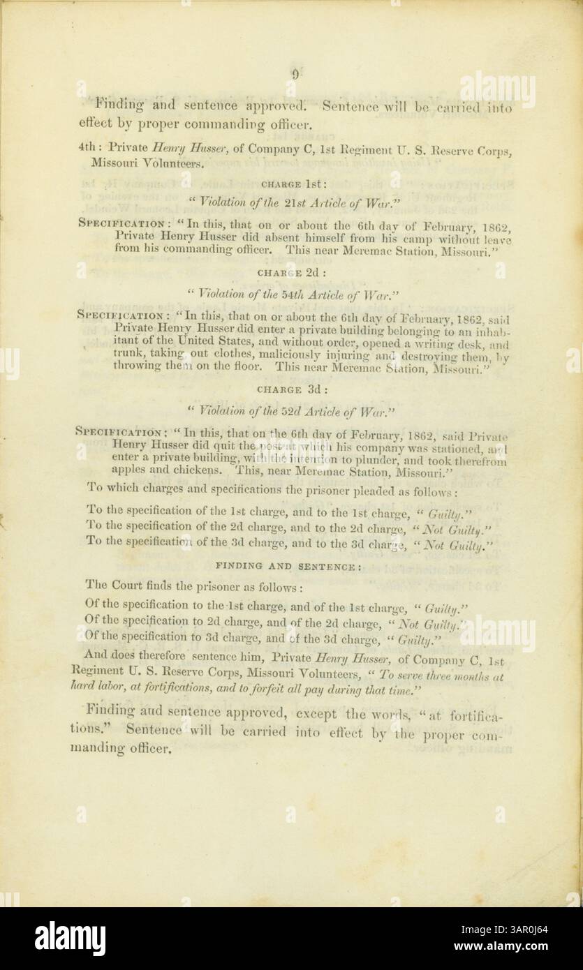 General Orders No. 5, issued in 1862, outlines the charges, findings ...