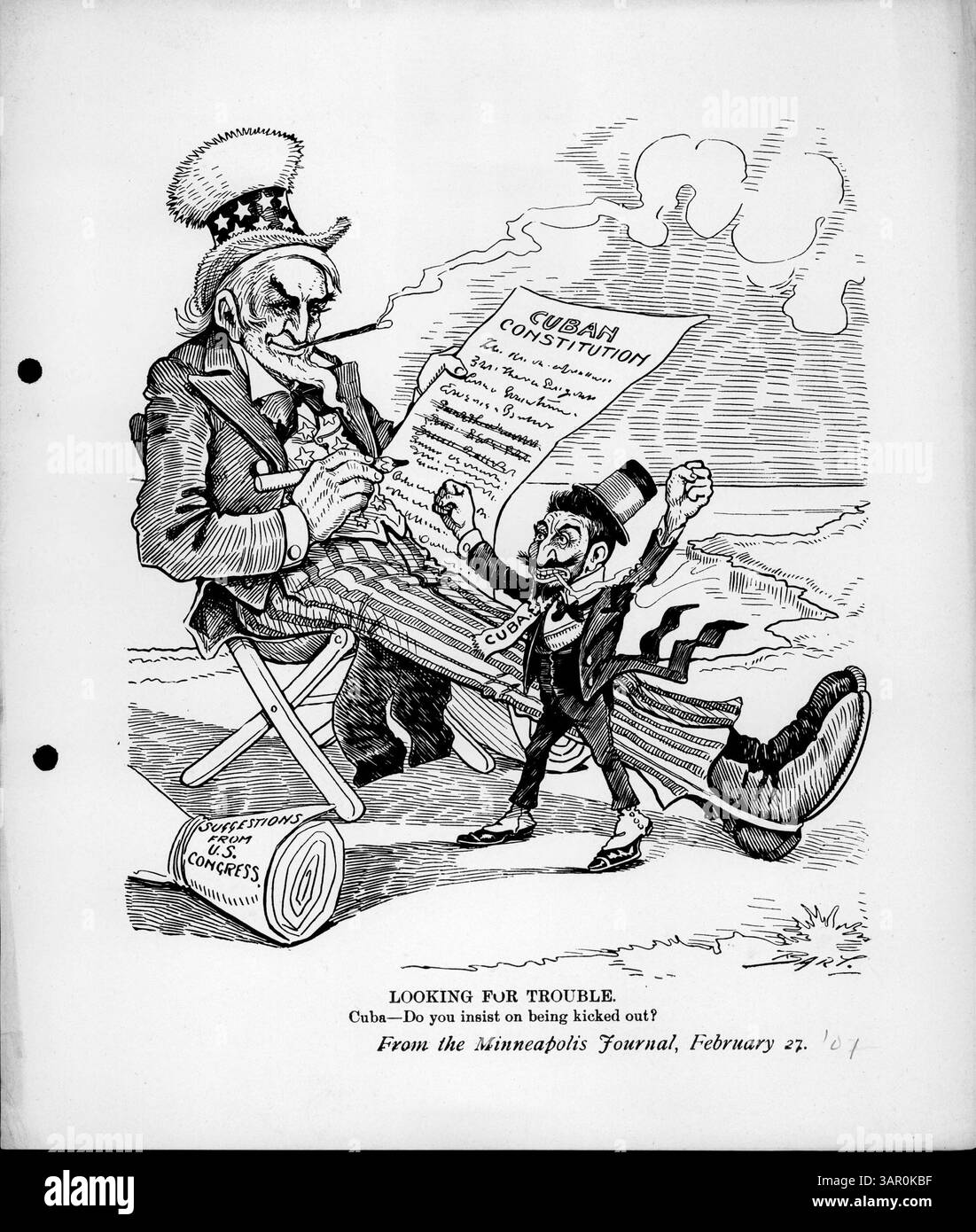 The political cartoon 'Looking for Trouble' portrays Cuba protesting U ...