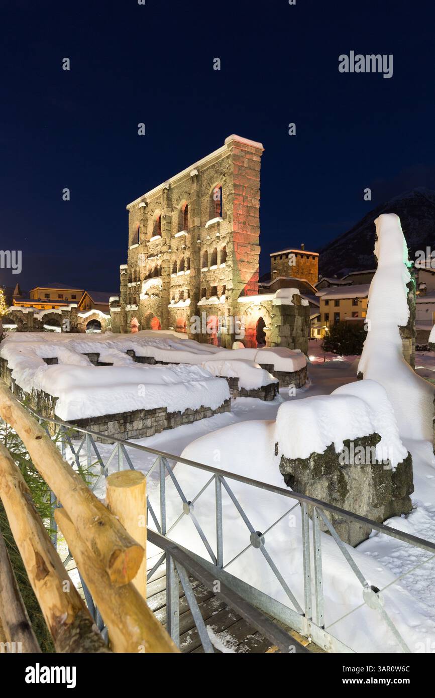 Aosta, Italy 12 December 2024 .The Roman Amphitheatre in center of ...