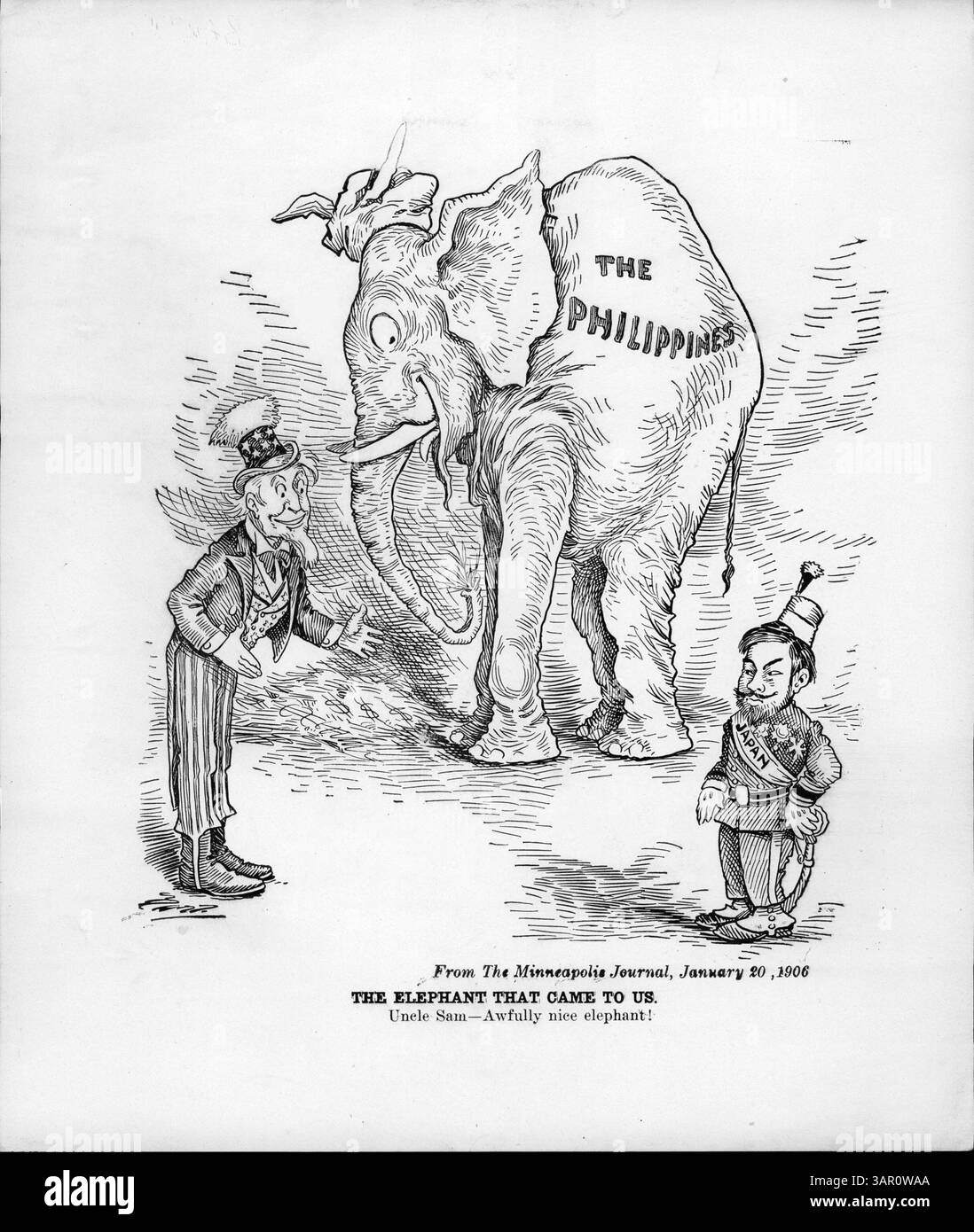 A political cartoon depicting Uncle Sam speaking to Japan and gesturing ...