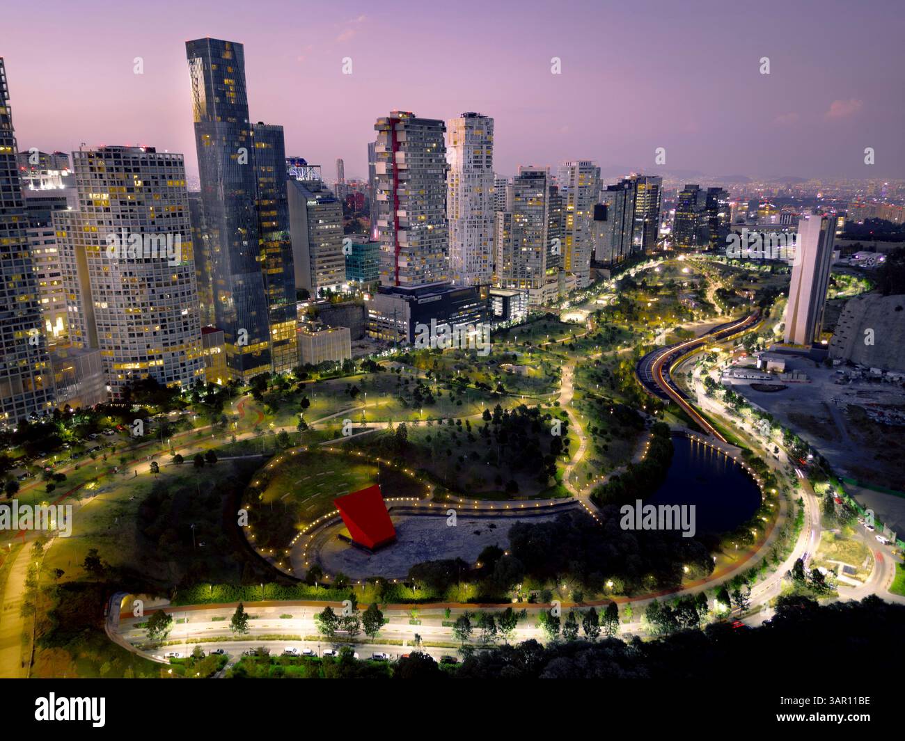 Drone photo of La Mexicana Park in Santa Fe, Mexico City, during blue ...