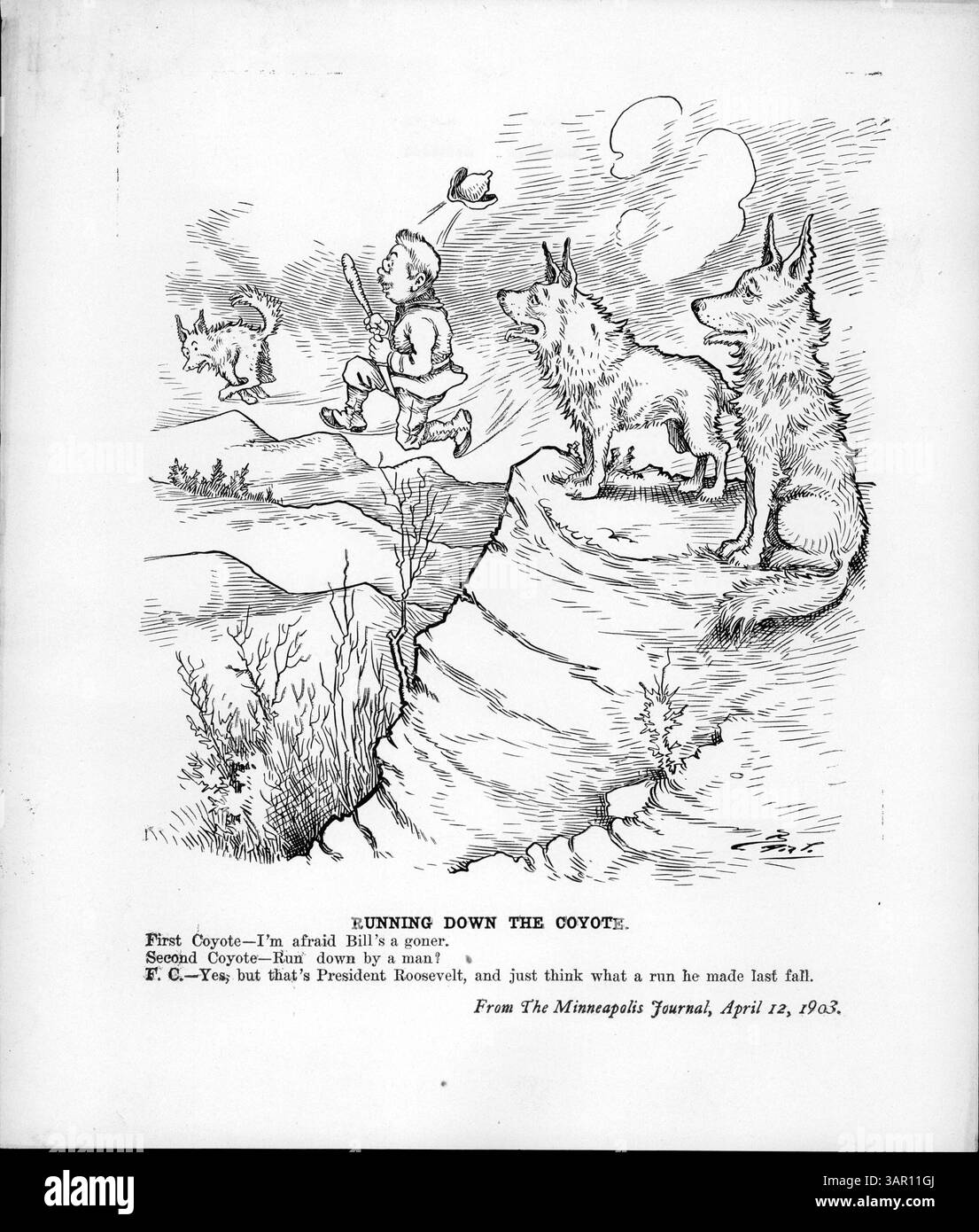 The illustration 'Running Down the Coyote' depicts President Roosevelt ...
