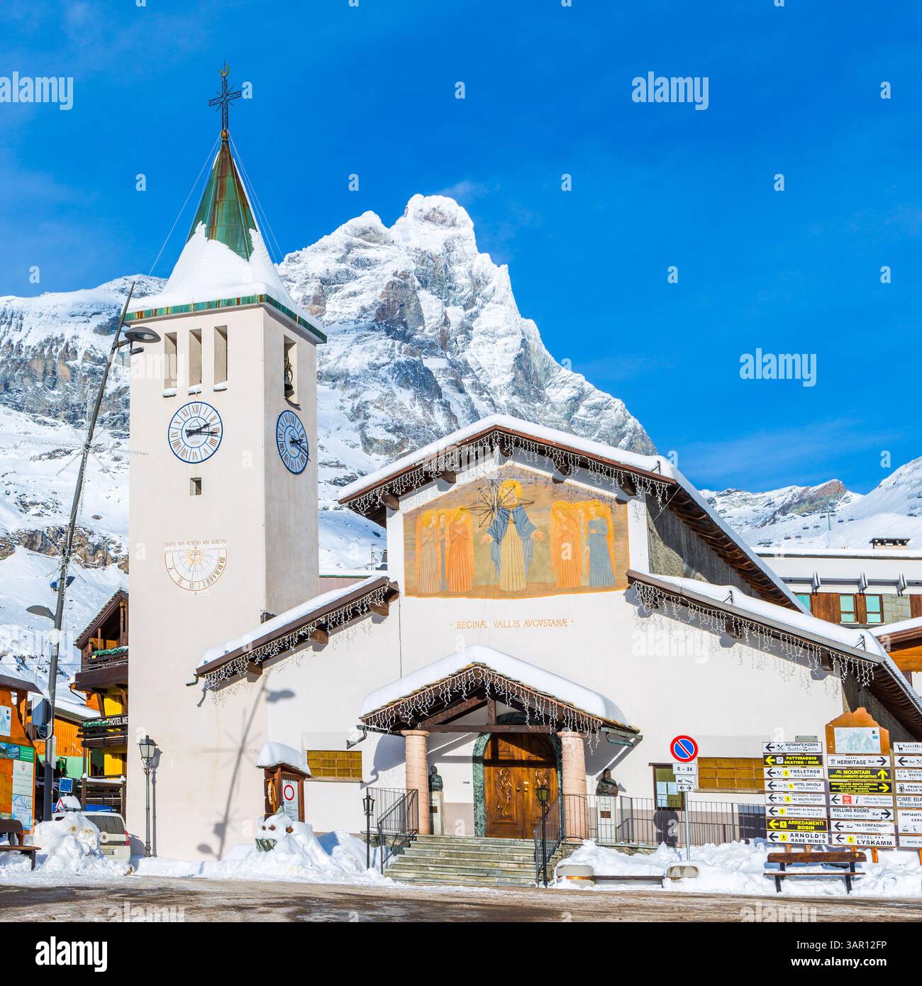 Cervinia, 13 December Italy. Church in center of Cervinia, view of ...