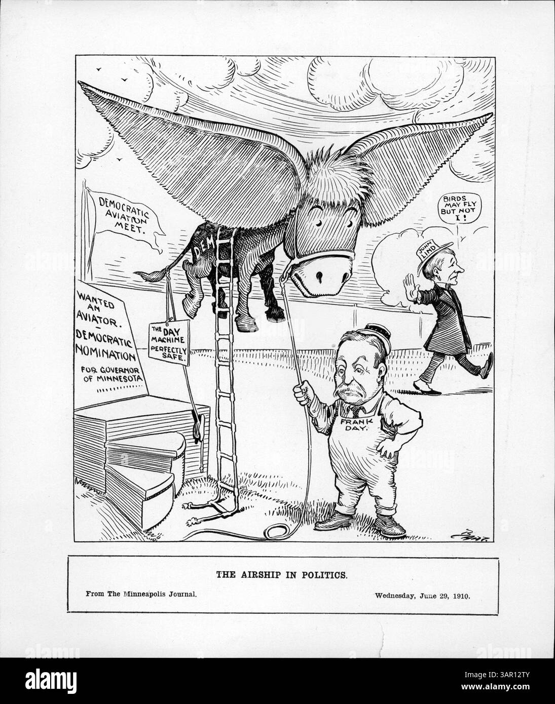 Political cartoon featuring Frank Day holding a flying donkey labeled ...