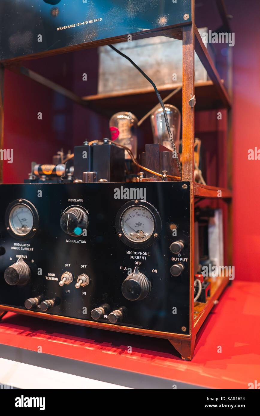 Vintage Radio Transmitter with Wooden Frame on Red Surface Stock Photo ...