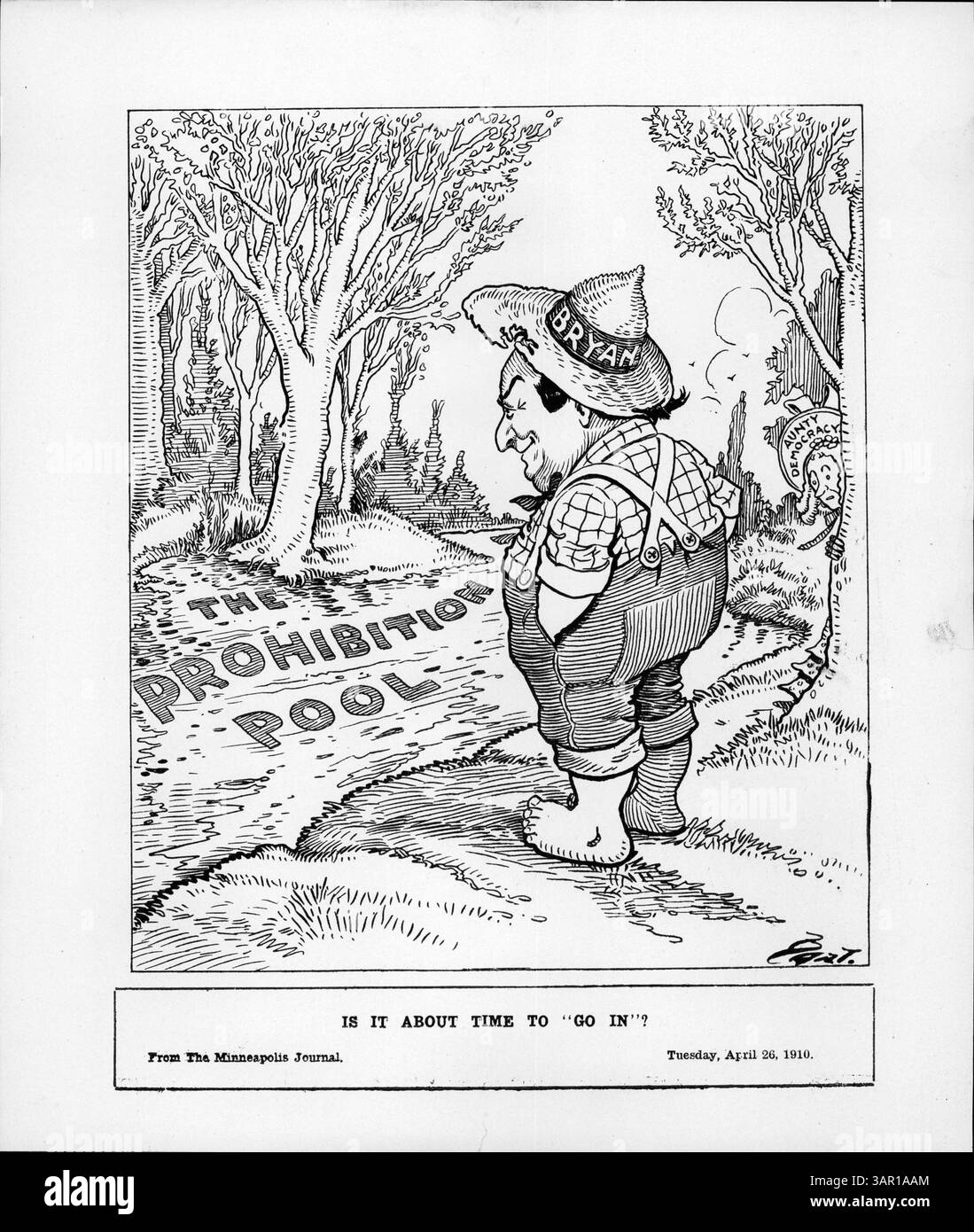 This cartoon features William Bryan dressed as a farmer, pondering the ...