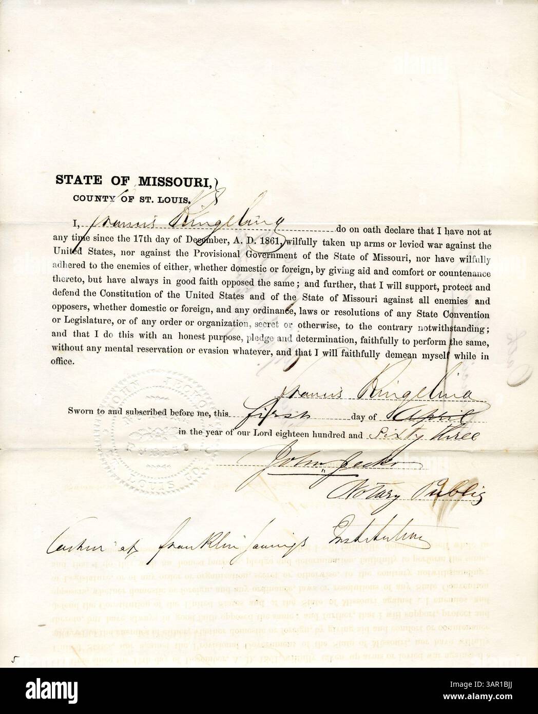 Loyalty oath taken by Francis Ringeling in St. Louis, Missouri ...