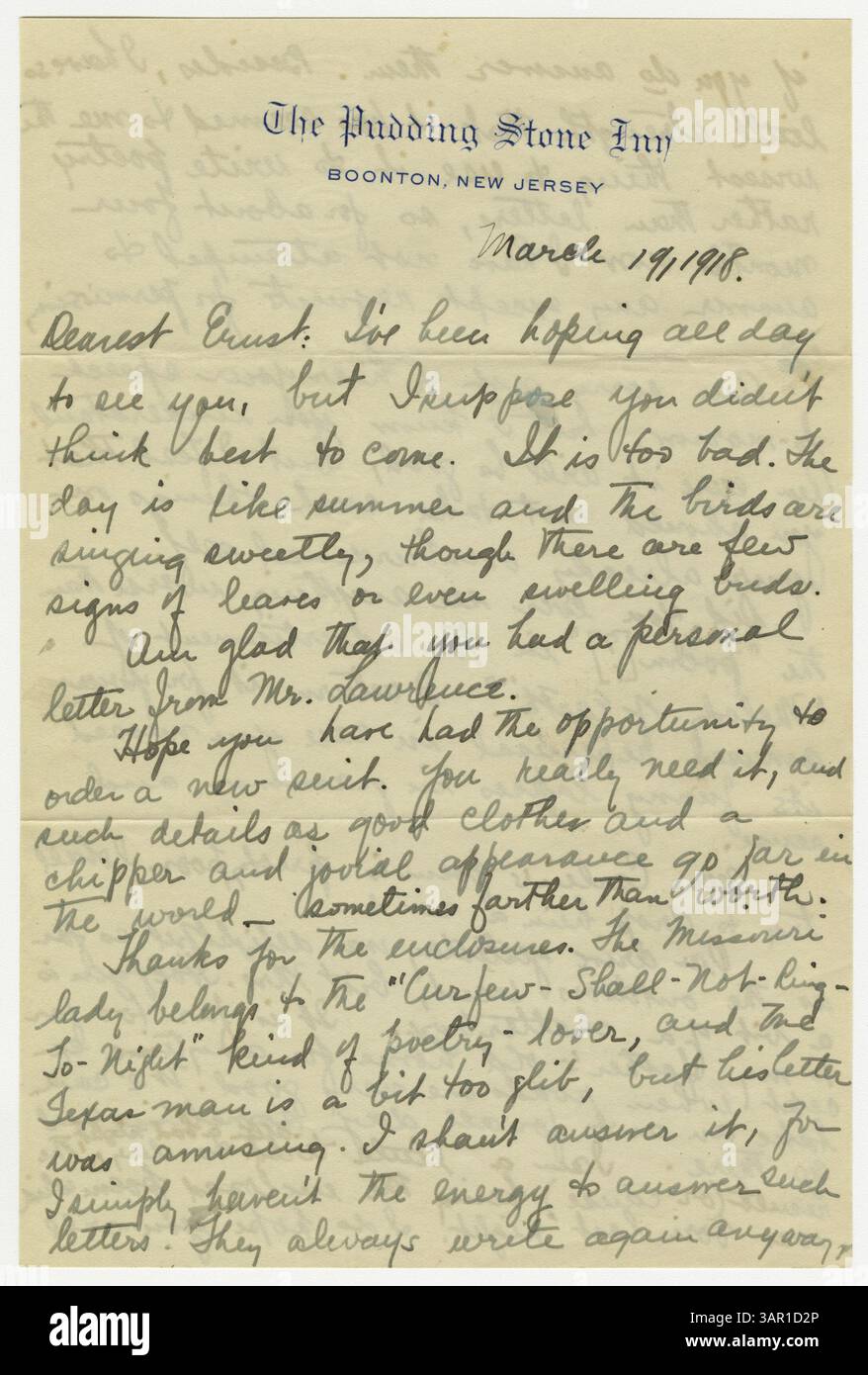 This letter from Sara to Ernst, dated March 19, 1918, discusses ...