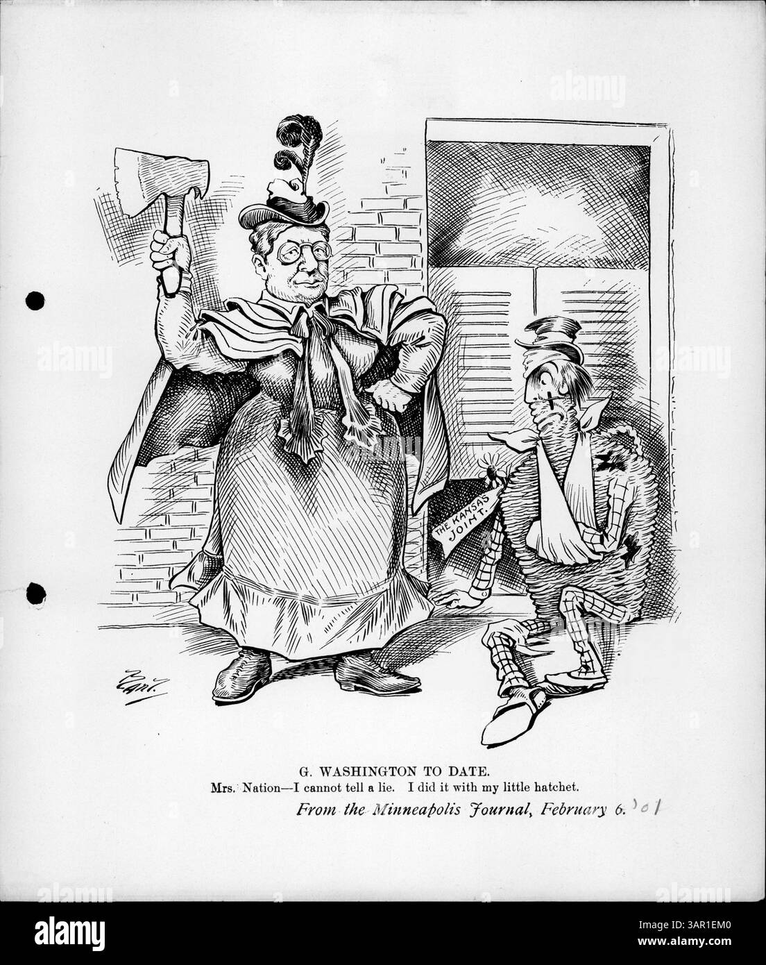 This image depicts Carrie Nation wielding a hatchet against Kansas ...