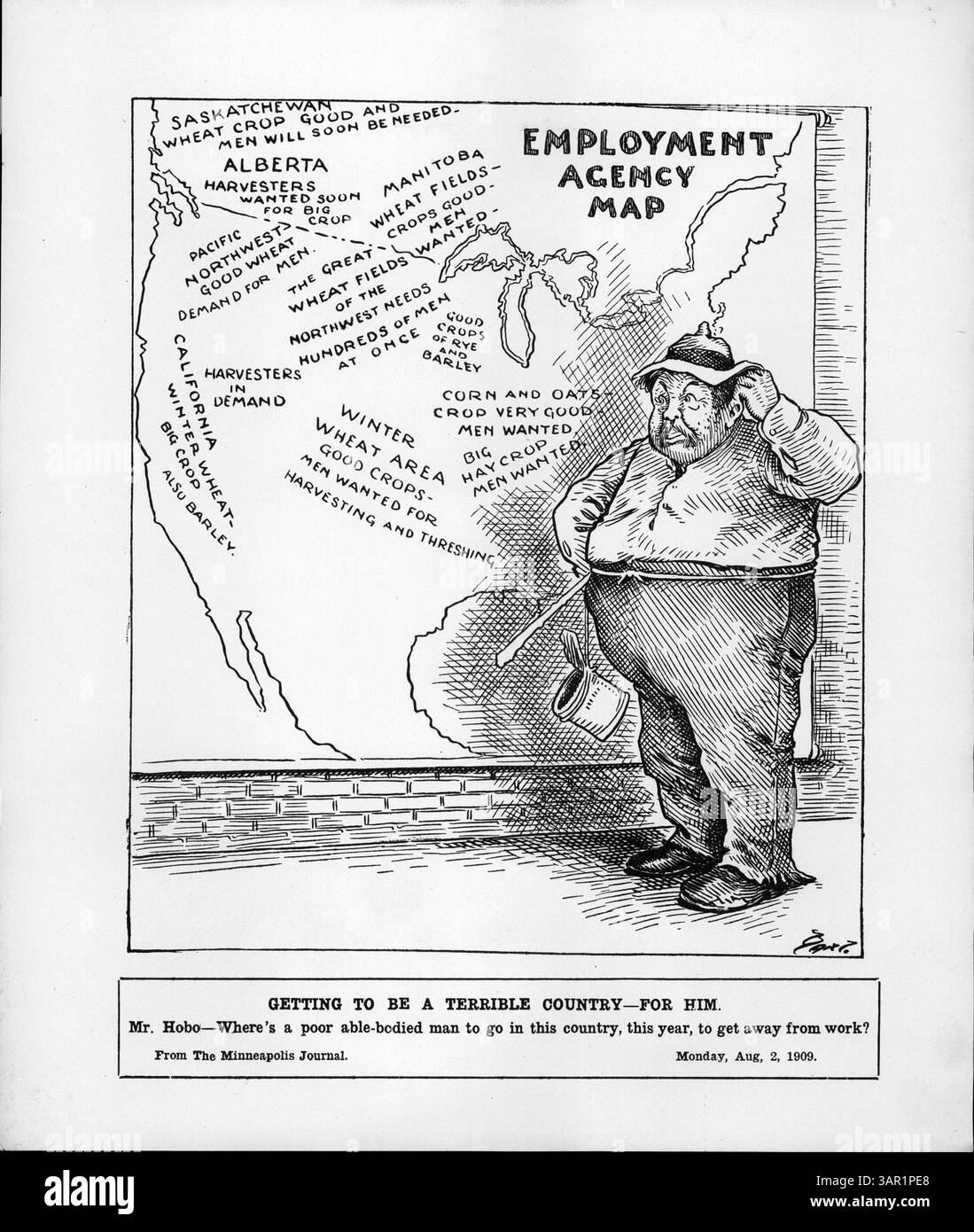 A cartoon shows a hobo pondering where to go in the country to escape ...