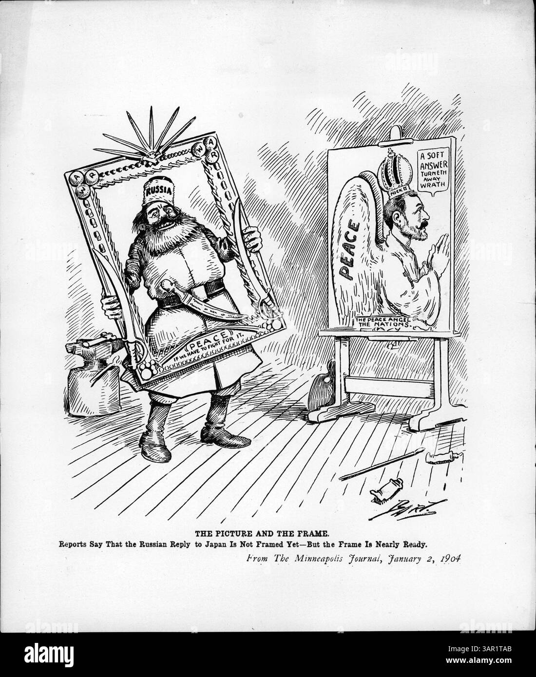 A cartoon depicting a portrait of Czar Nicholas as an angel of peace ...