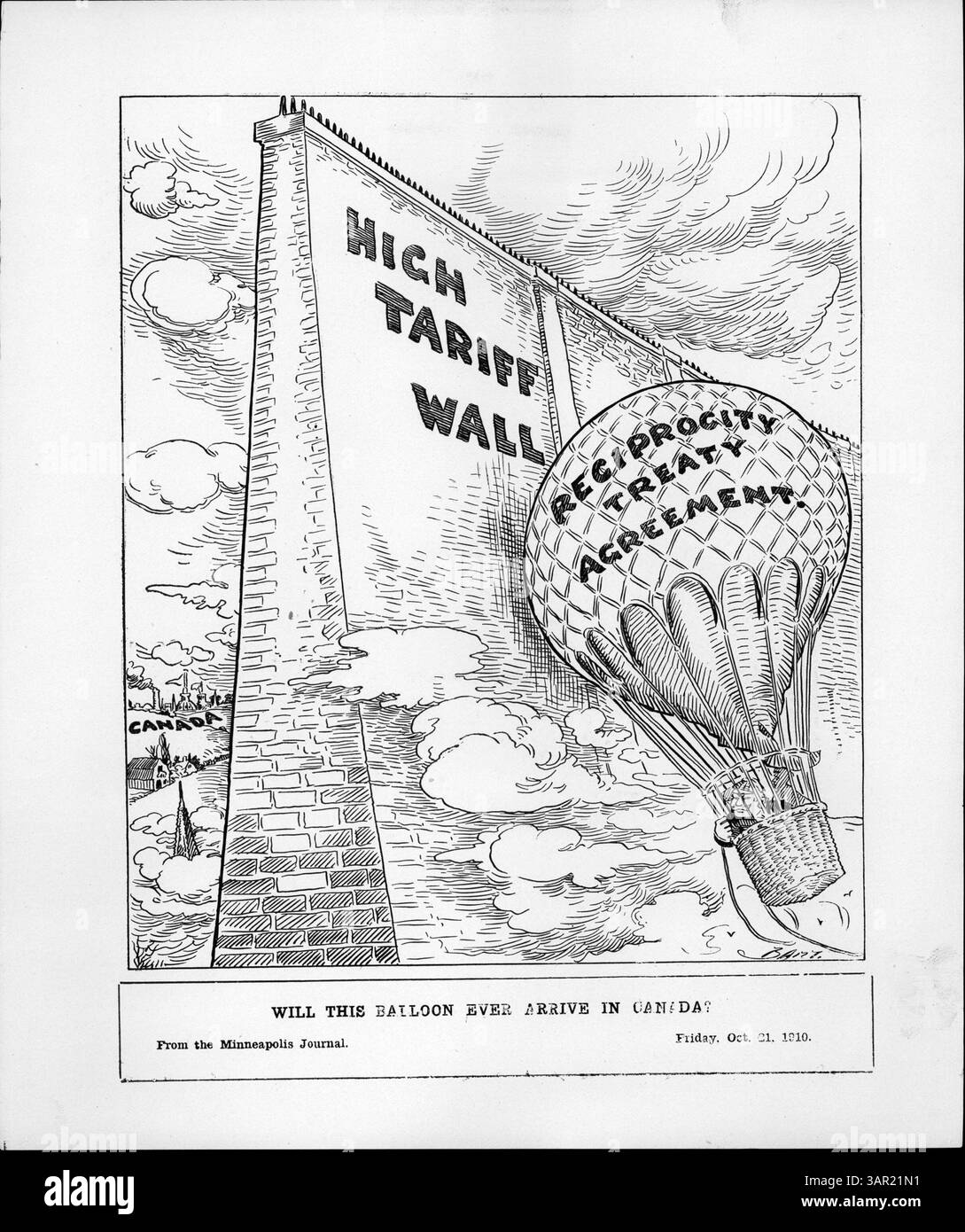 A cartoon shows a balloon labeled 'Reciprocity Treaty Agreement ...