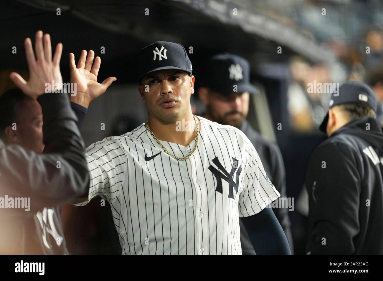 New York Yankees pitcher Fernando Cruz reacts as he leaves the game ...