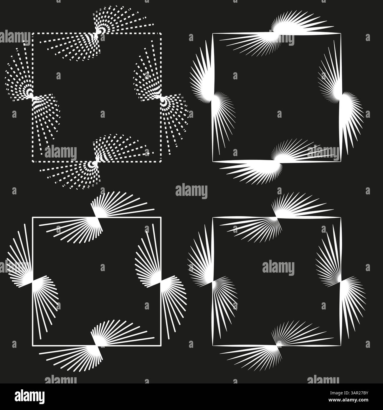 Square frames with rays. Vector radial patterns. White on black ...