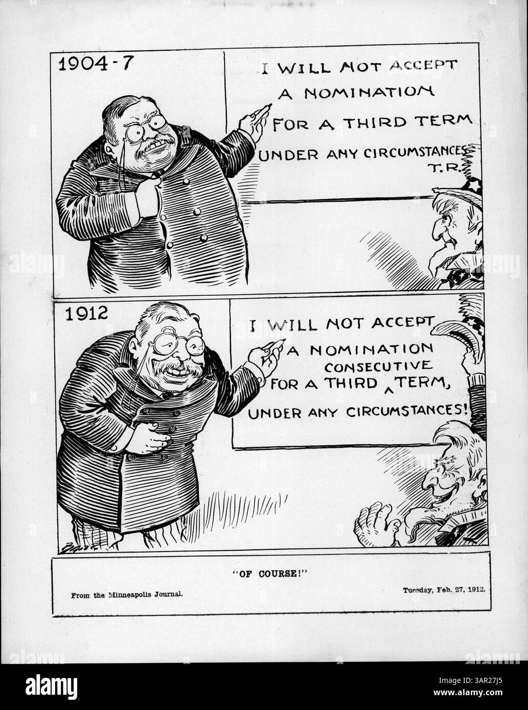The political cartoon Of Course! depicts Teddy Roosevelt breaking his ...