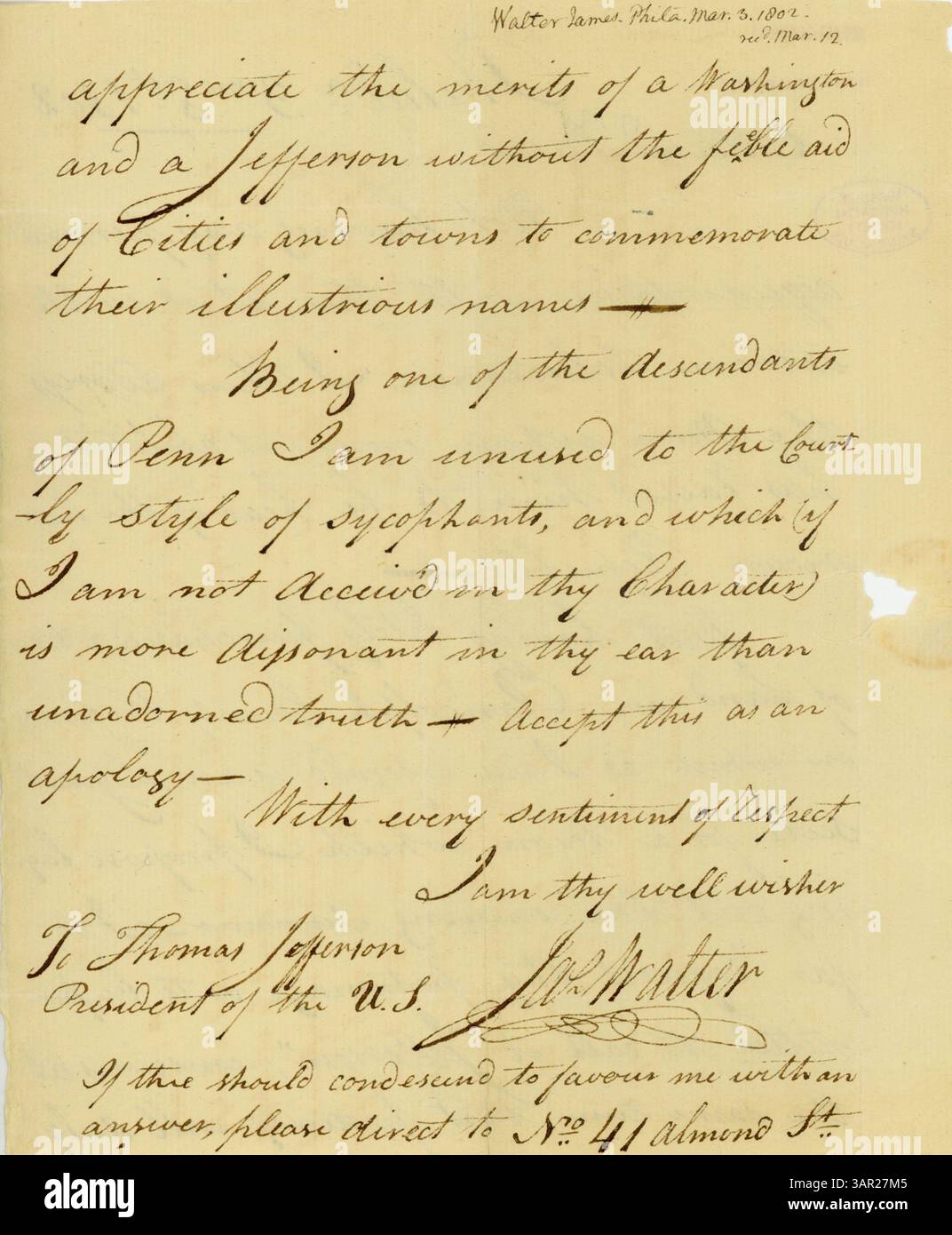 In this letter, James Walter requests Thomas Jefferson's permission to ...