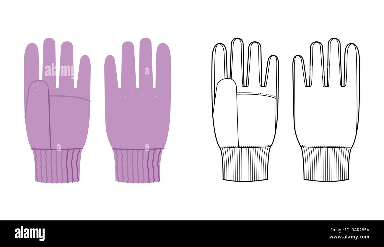 Winter Gloves with elasticated cuffs purple cartoon and flat mockup ...