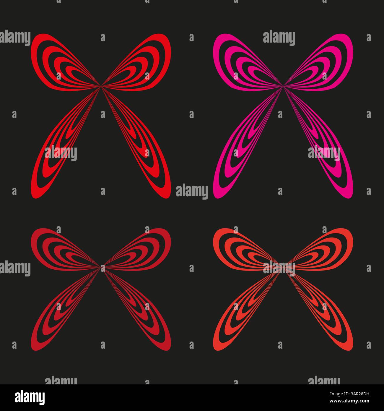 Butterfly shapes set, vibrant red and pink vector design, concentric ...