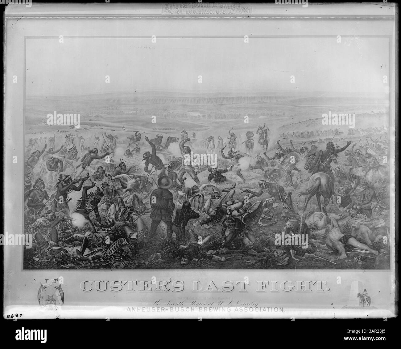 This image depicts a lithograph of Custer's last fight, created by ...