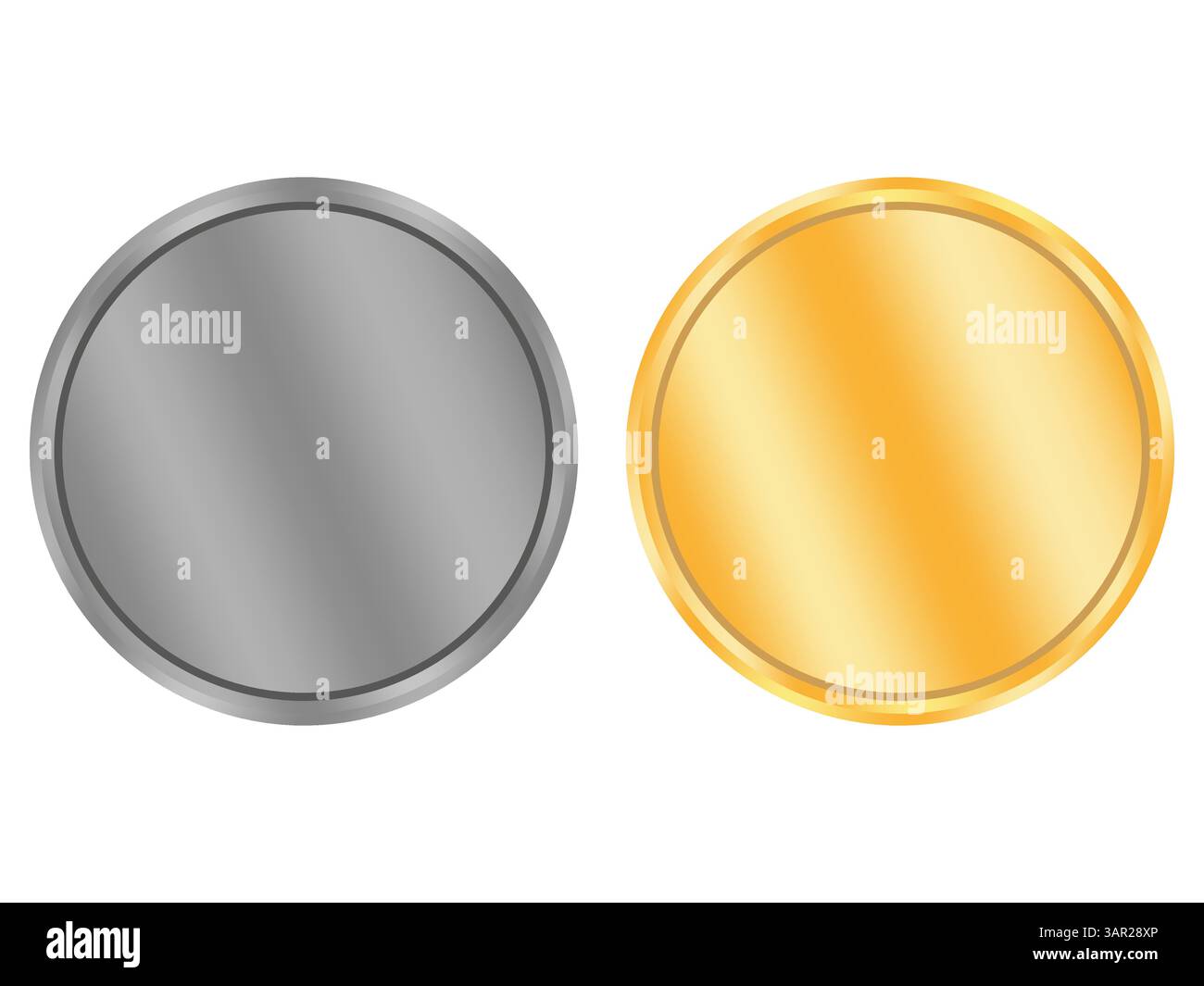 Golden coin shape. Silver coin surface. Glossy vector buttons. Metallic ...