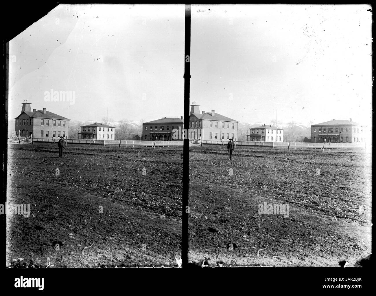 This stereograph by Lee Moorhouse depicts buildings and grounds at the ...