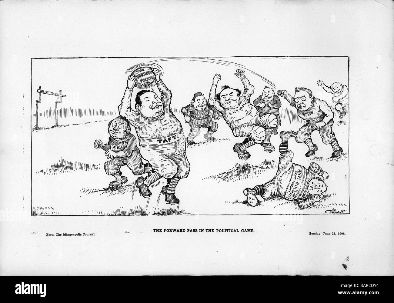 The illustration shows Theodore Roosevelt throwing a football labeled ...