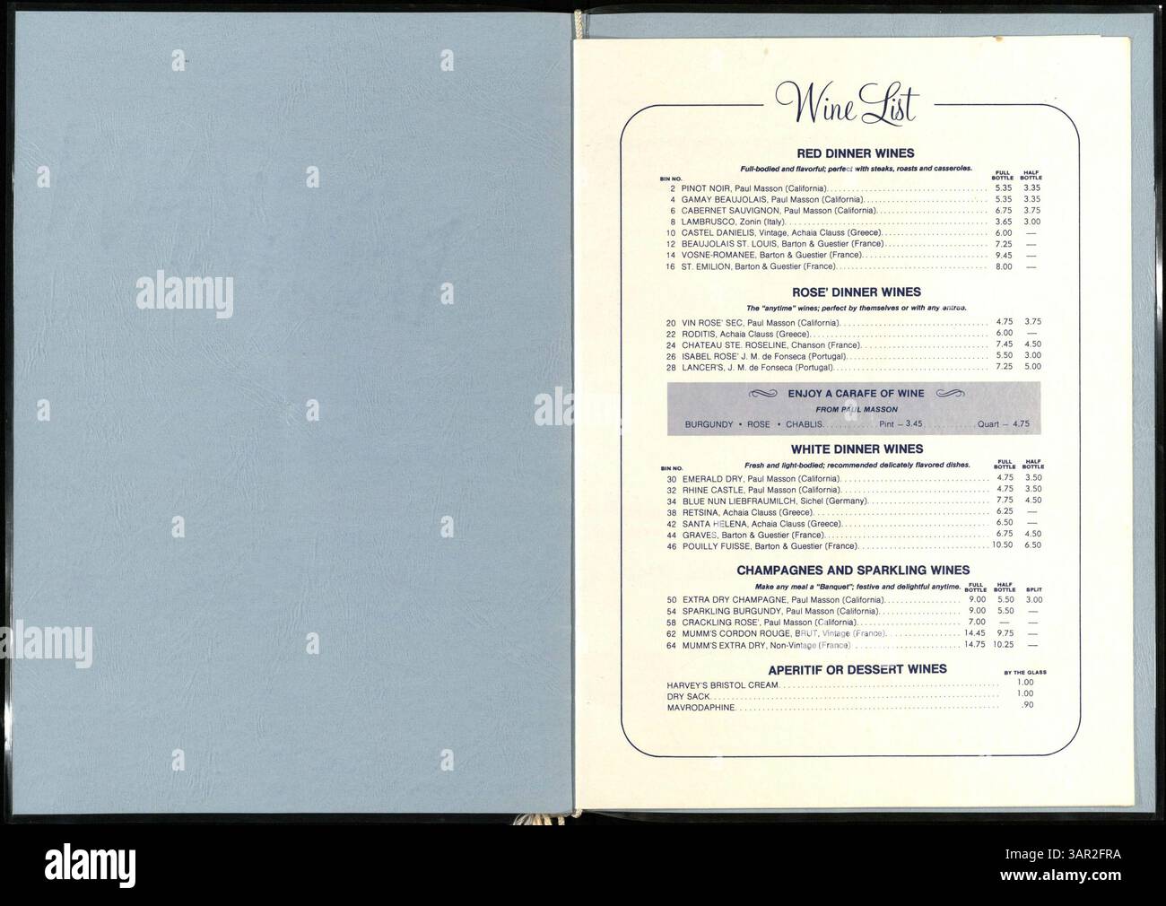 A bi-fold menu from the Parthenon restaurant featuring a blue laminated ...