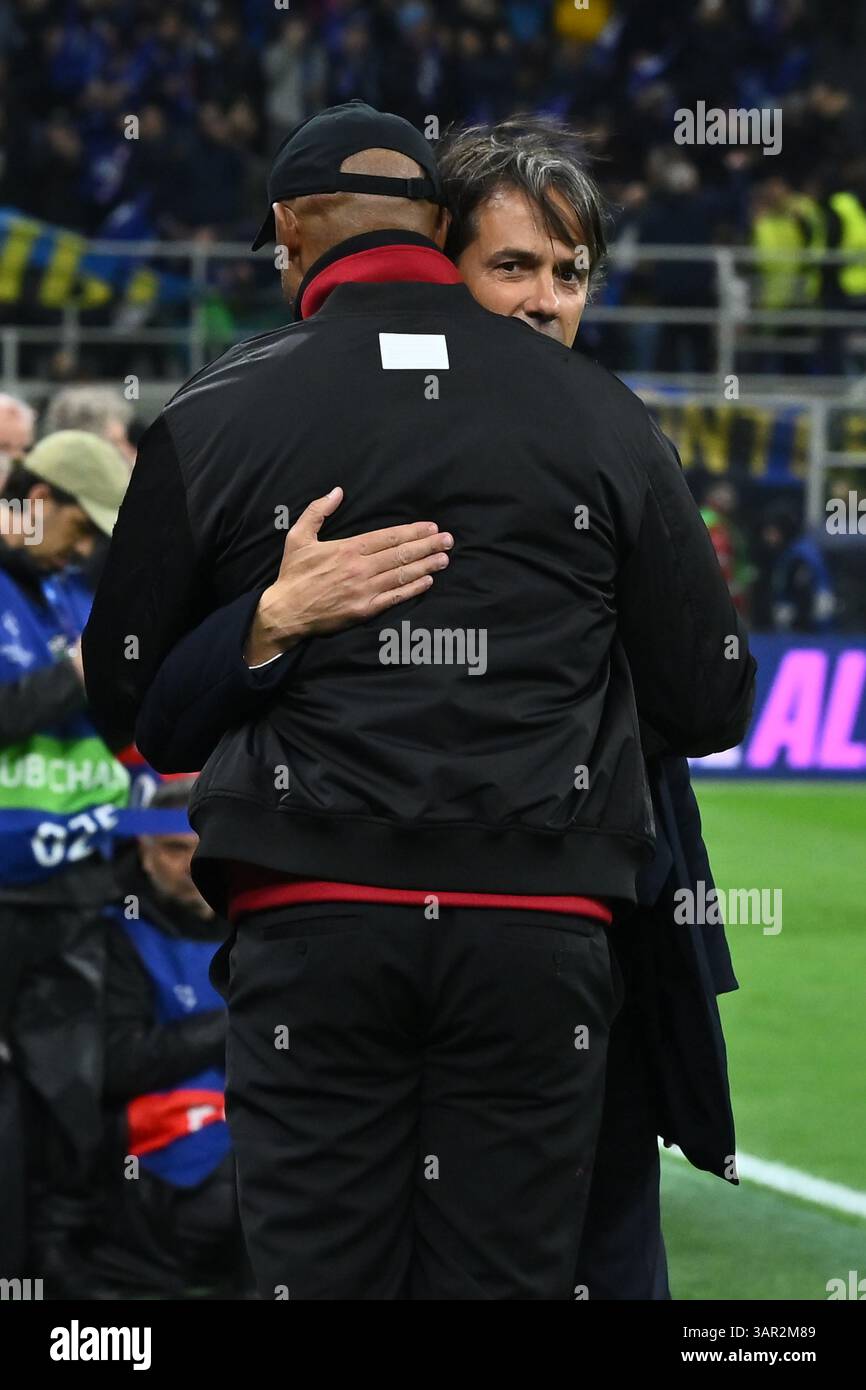 Milan, Italy. 17th Apr, 2025. Vincent Kompany, coach of F.C. Bayern Munchen, and Simone Inzaghi ...