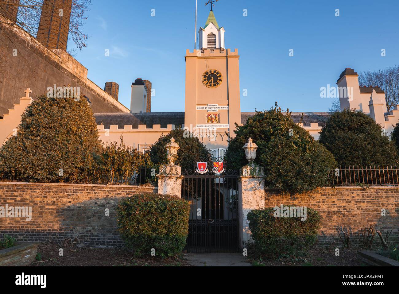 Royal Hospital Chelsea with Clock Tower and Ornate Iron Gate in London ...