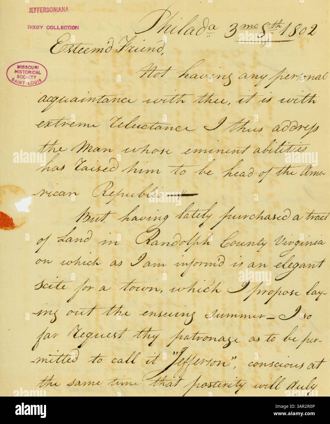 James Walter writes to Thomas Jefferson requesting permission to name a ...