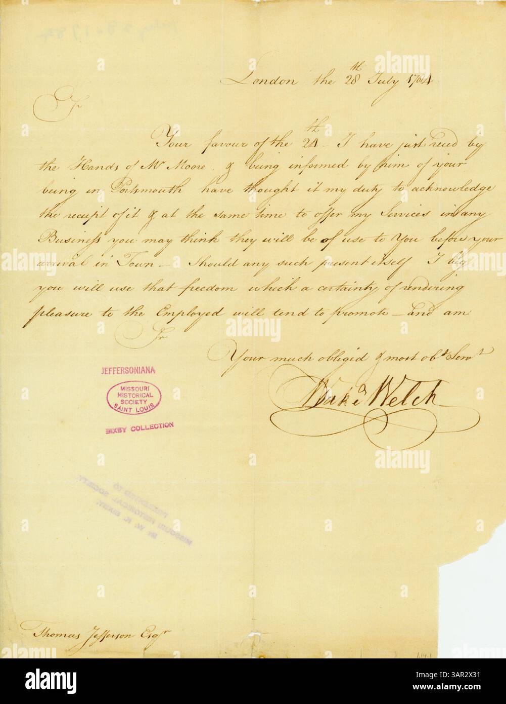 Wake Welch writes to Thomas Jefferson from London, acknowledging the ...
