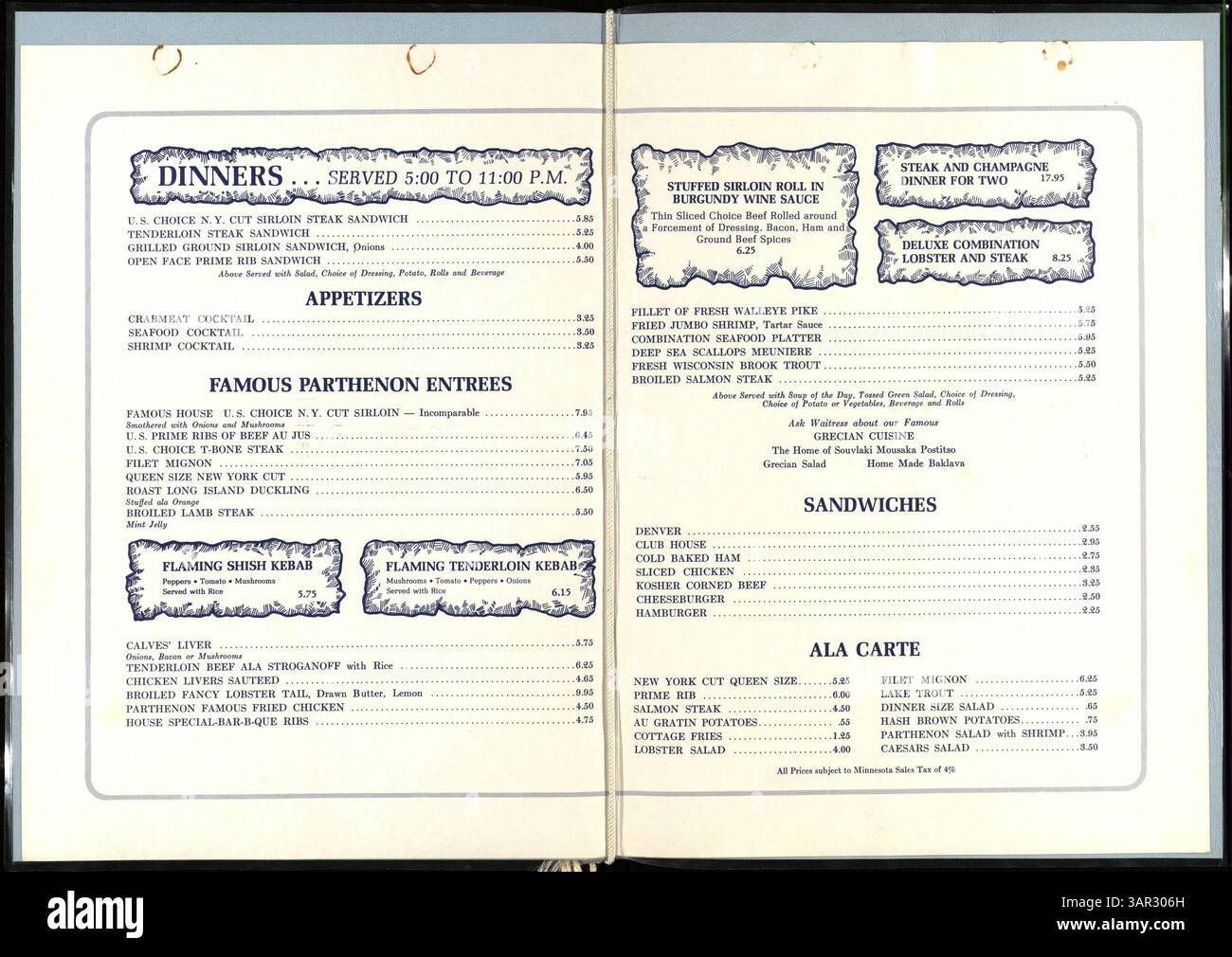 The Parthenon restaurant menu, with a bi-fold design, presents a light ...