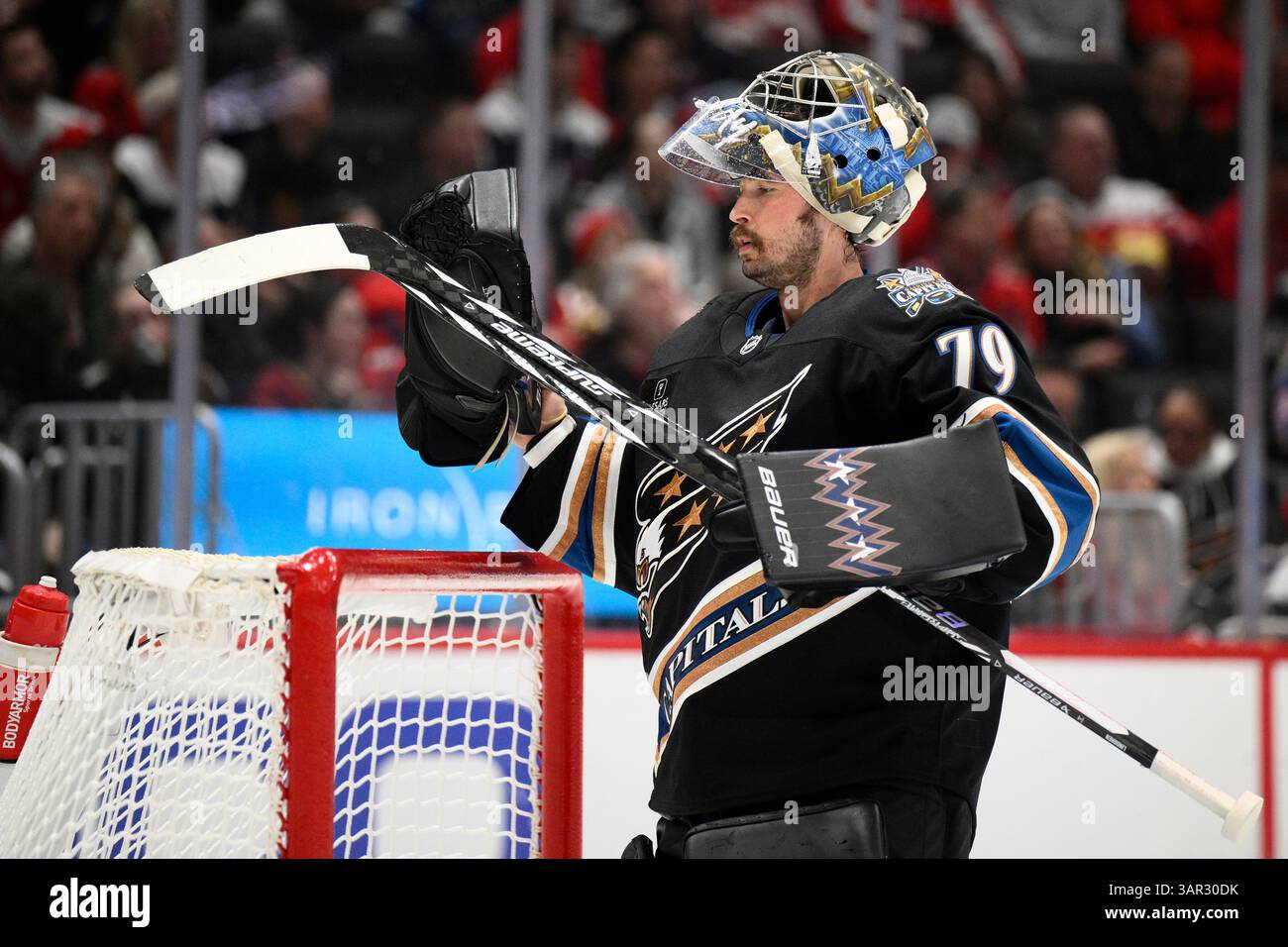 Washington Capitals goaltender Charlie Lindgren (79) looks on during ...